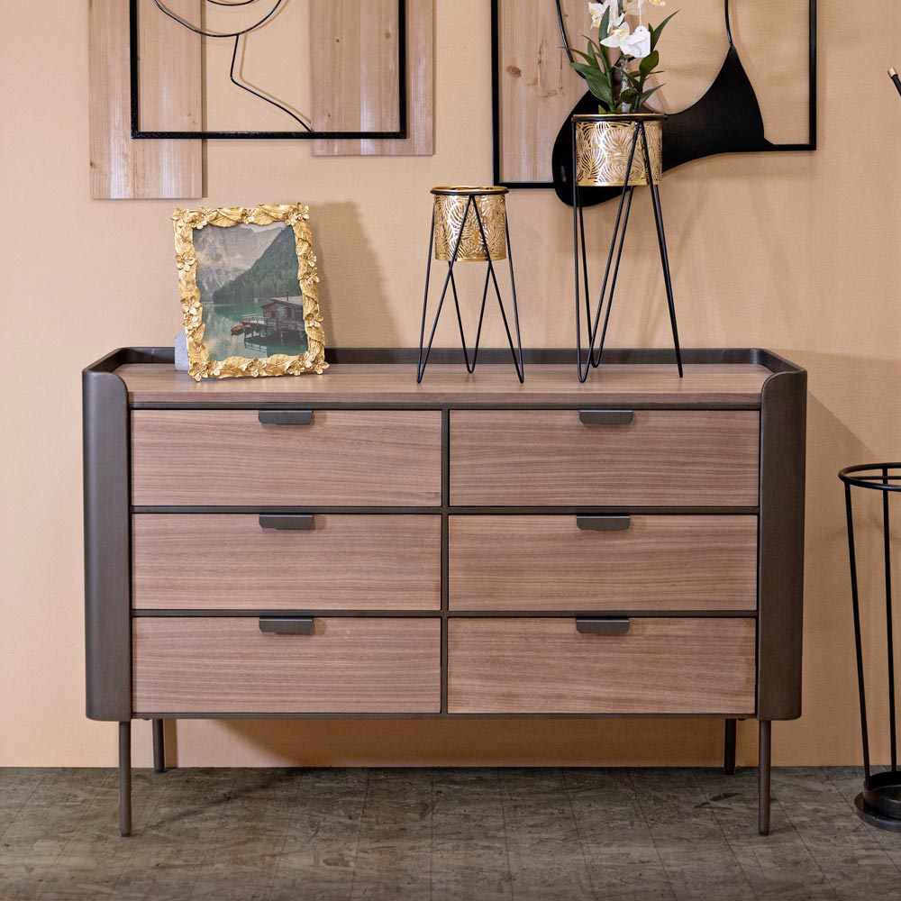 Cômoda em Madeira de Abeto e Ferro Cinzento com 6 Gavetas