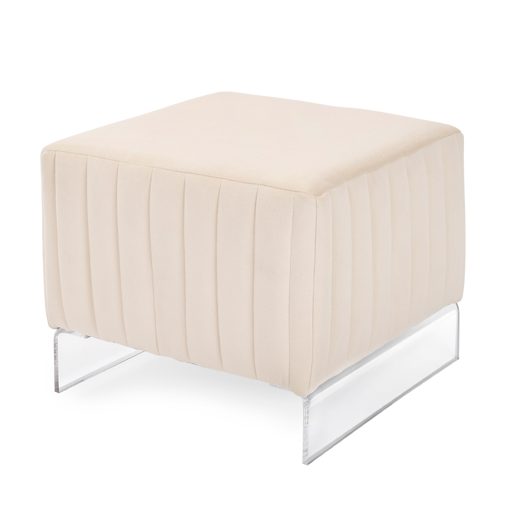 Pufe com assento em tecido e pés em plexiglass